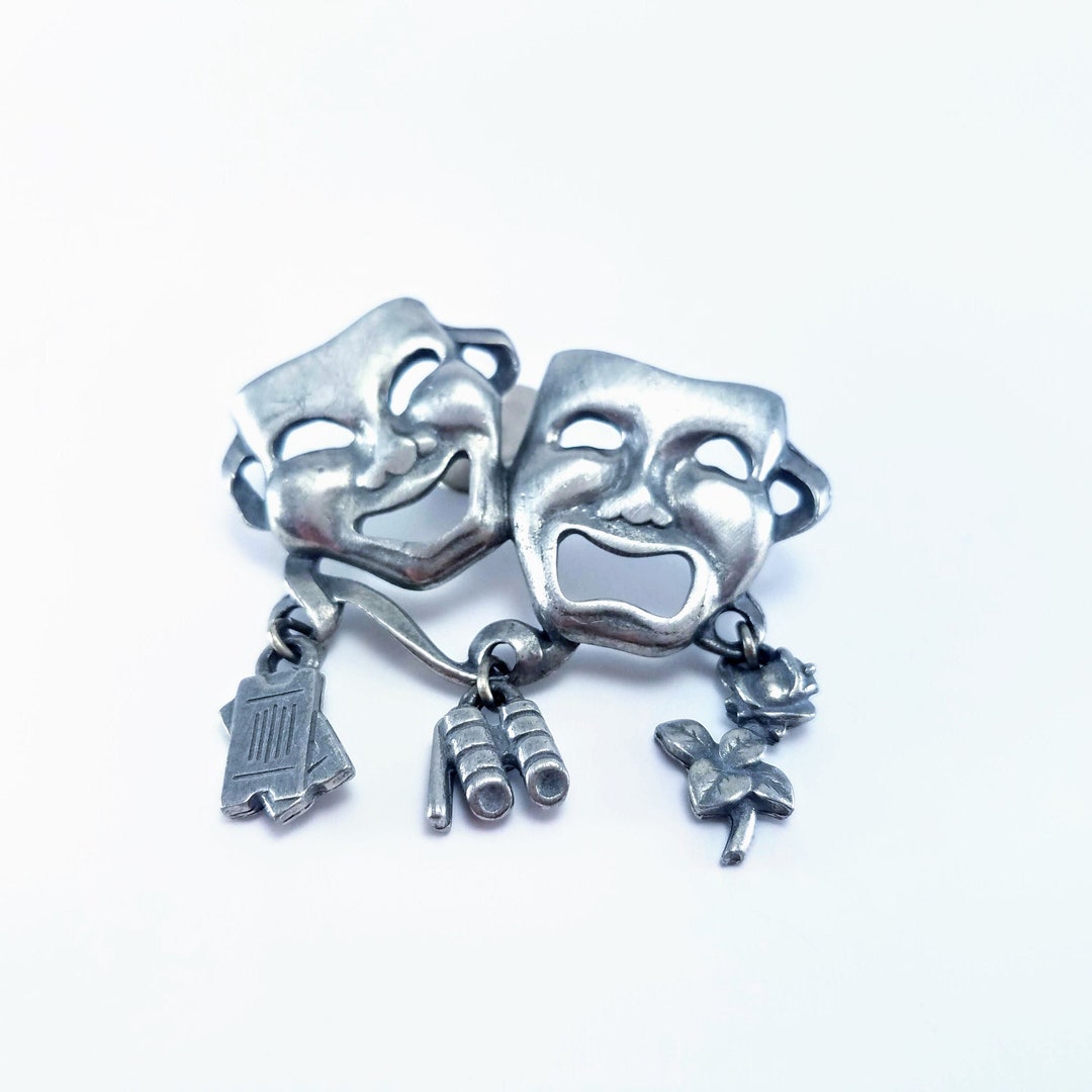 Vintage Theater Masks Pin With Dangles, LCD Pewter Brooch, Comedy ...