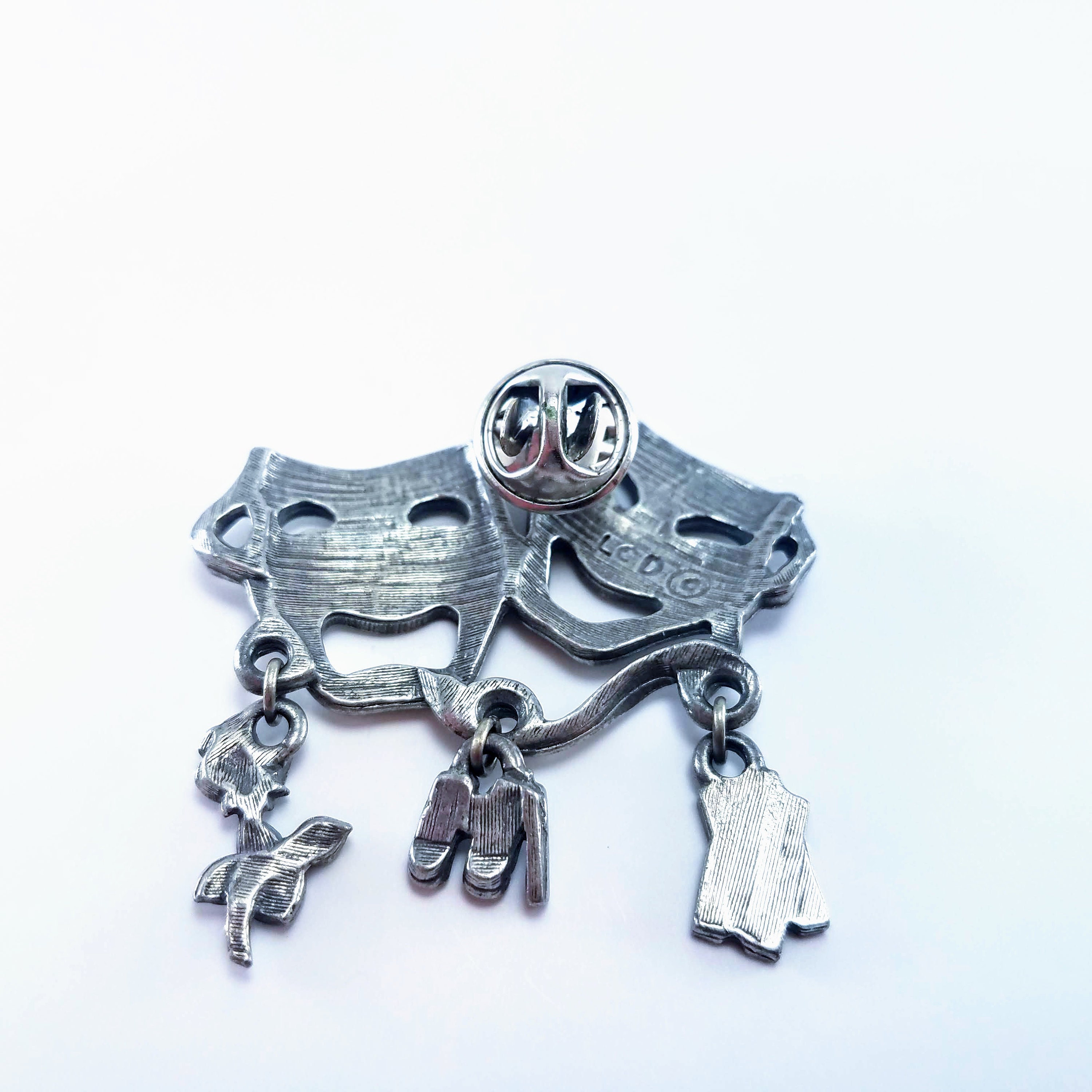 Vintage Theater Masks Pin With Dangles, LCD Pewter Brooch, Comedy ...