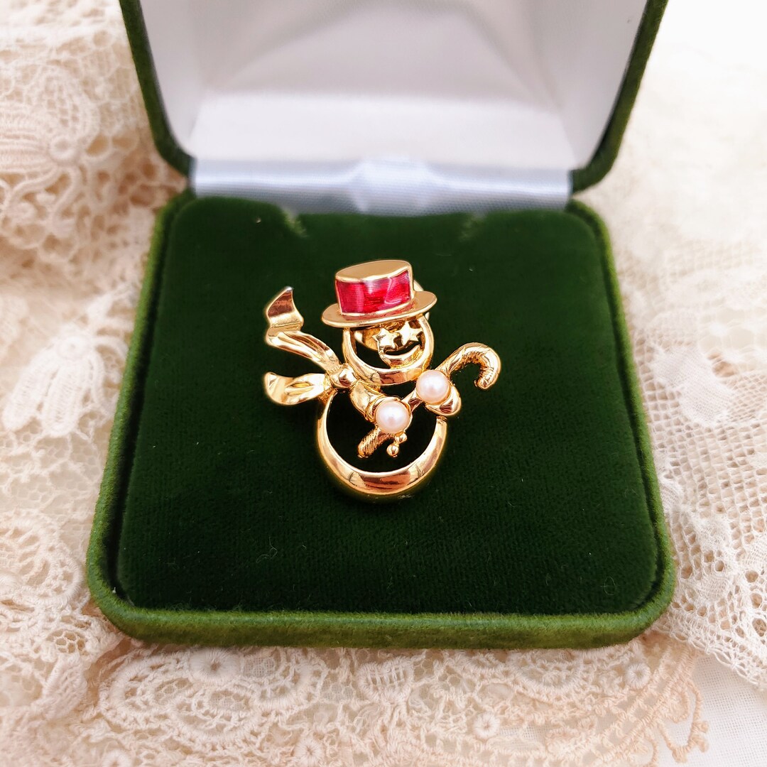 Vintage Snowman Lapel Pin, Gold Tone Red Enamel Faux Pearl Snowman Tack ...