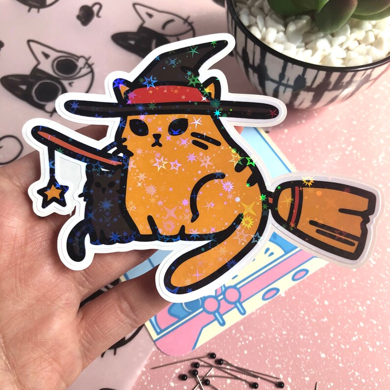Witch Cat Sticker Holographic Star Sticker Journal Sticker - Etsy