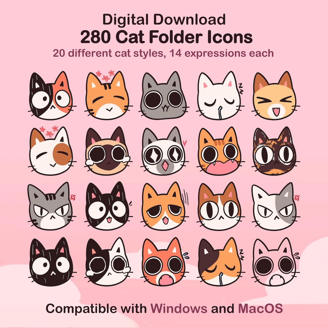 Cute Desktop Cats Folder Icons for Mac & Windows. Kitty Cat Emoji Icon ...