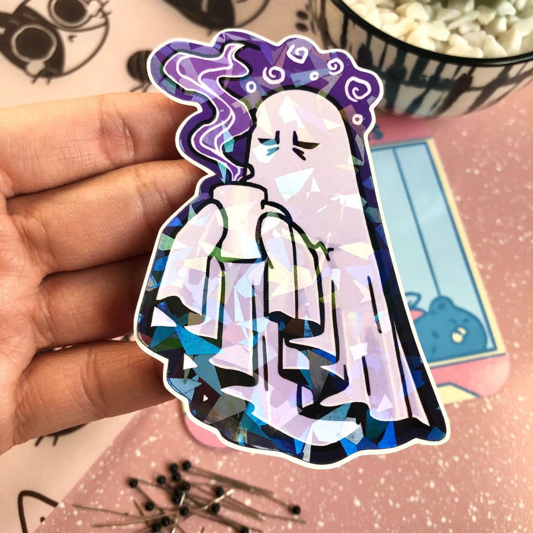 Tired Ghost W/ Morning Coffee Holographic Sticker for Laptop, Journal ...