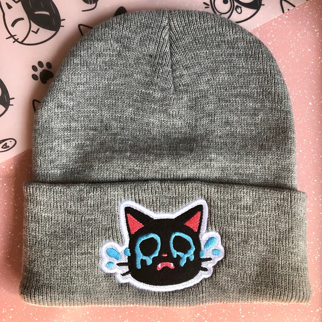 Black Cat Beanie, Crying Cat Embroidery, Embroidered Unisex Adult Beanie, Cuffed Knit Beanies ...