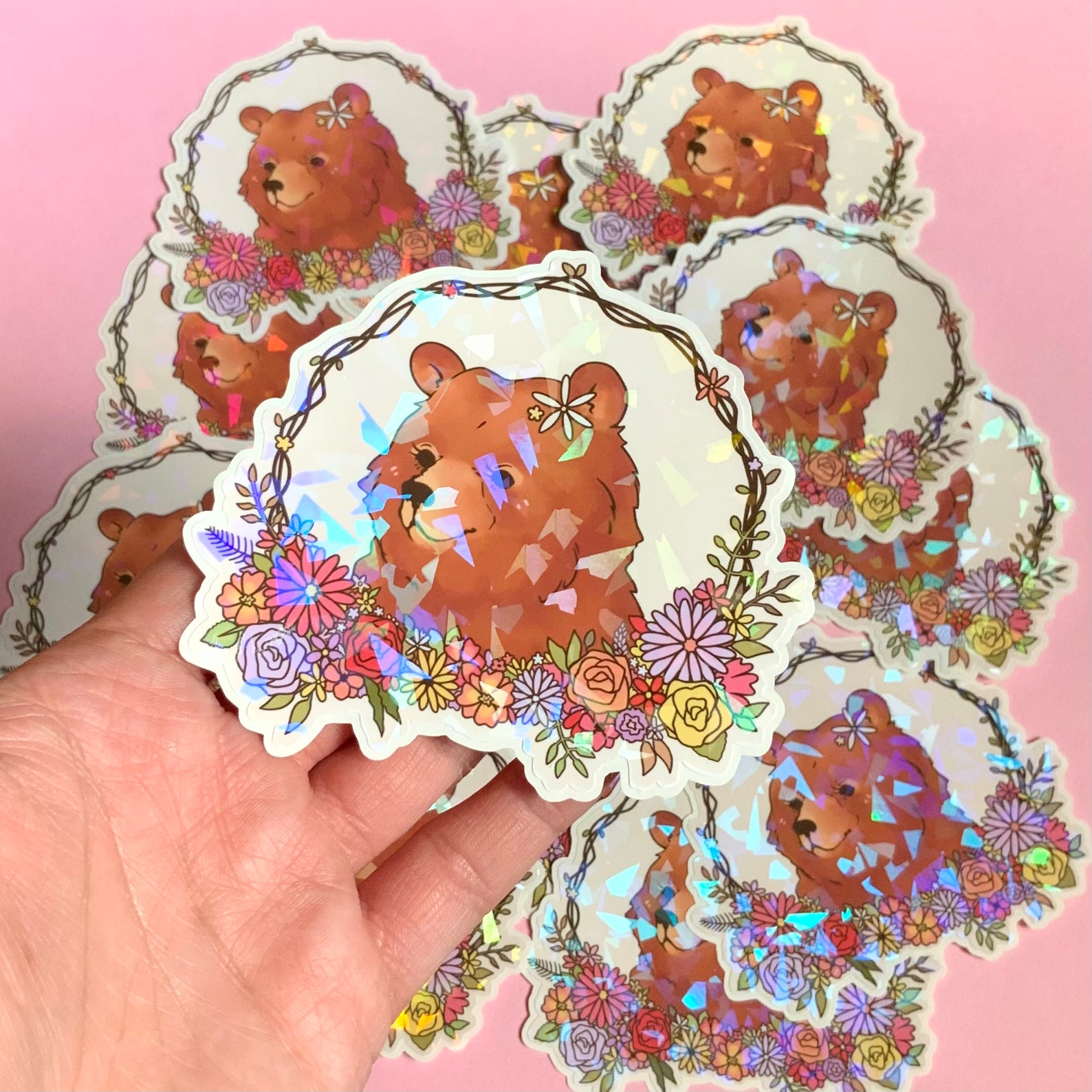 Floral Bear Sticker Glossy Holographic Sticker Cracked Ice - Etsy