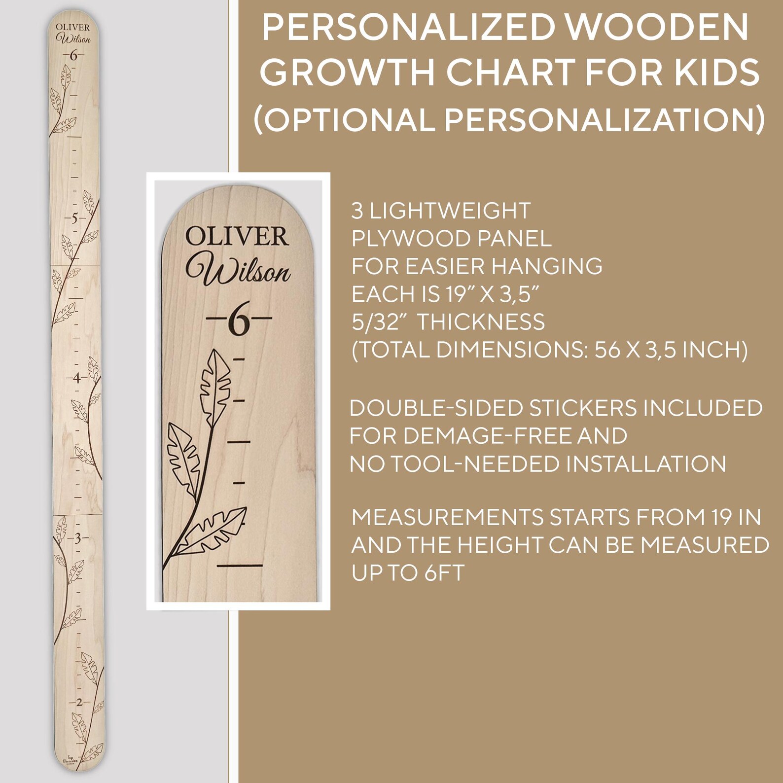 Wood Height Chart for Wall With 3D Animals Markers - 6 Ft Personalized ...
