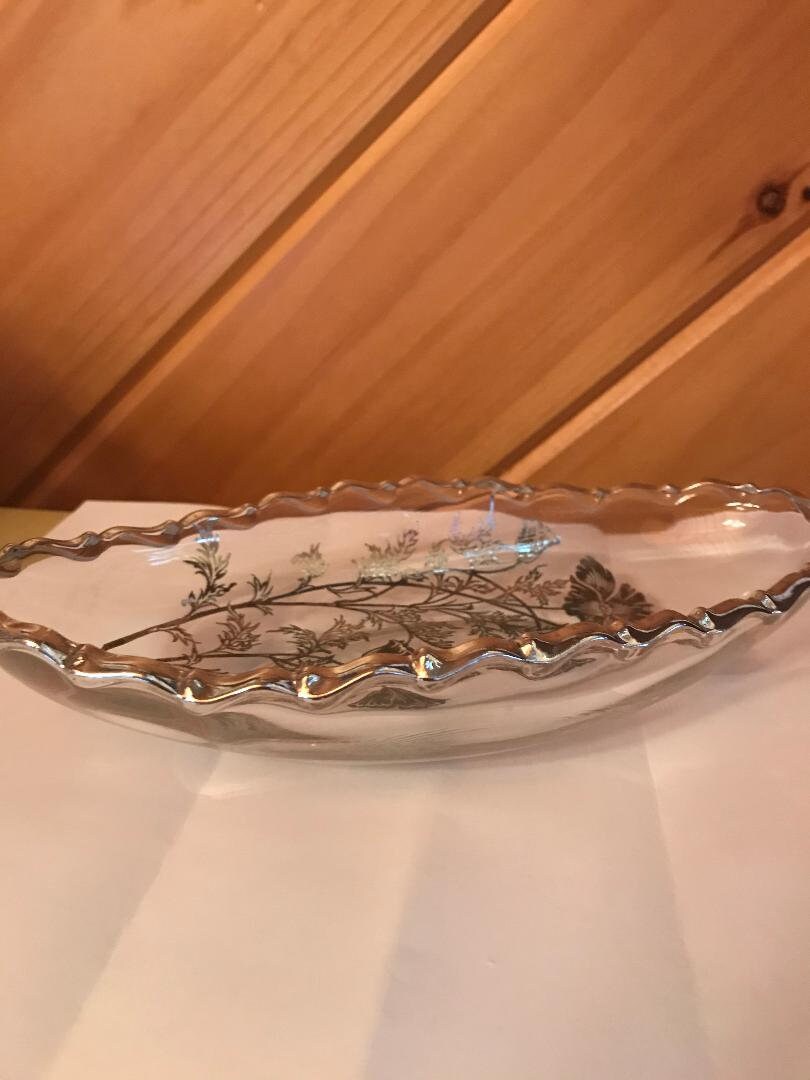 Vintage Fostoria Glass Elongated Candy Dish With Silver Trim and ...