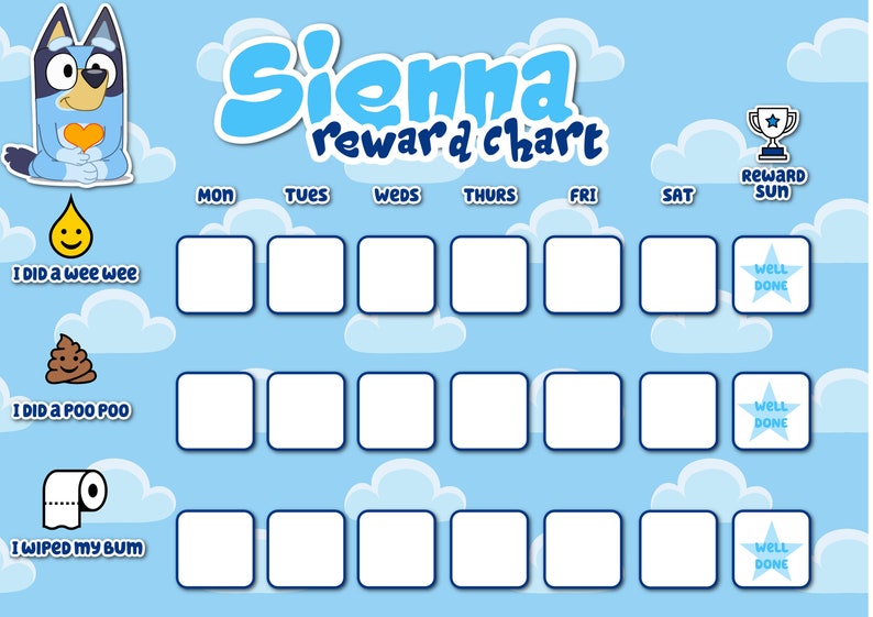 Personalised Laminated Bluey or Bingo Toilet Training Reward Chart ...