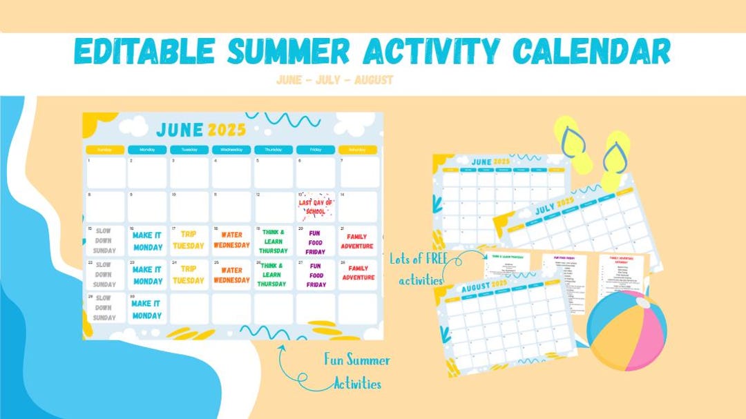 EDITABLE Summer Activity Calendar - Etsy