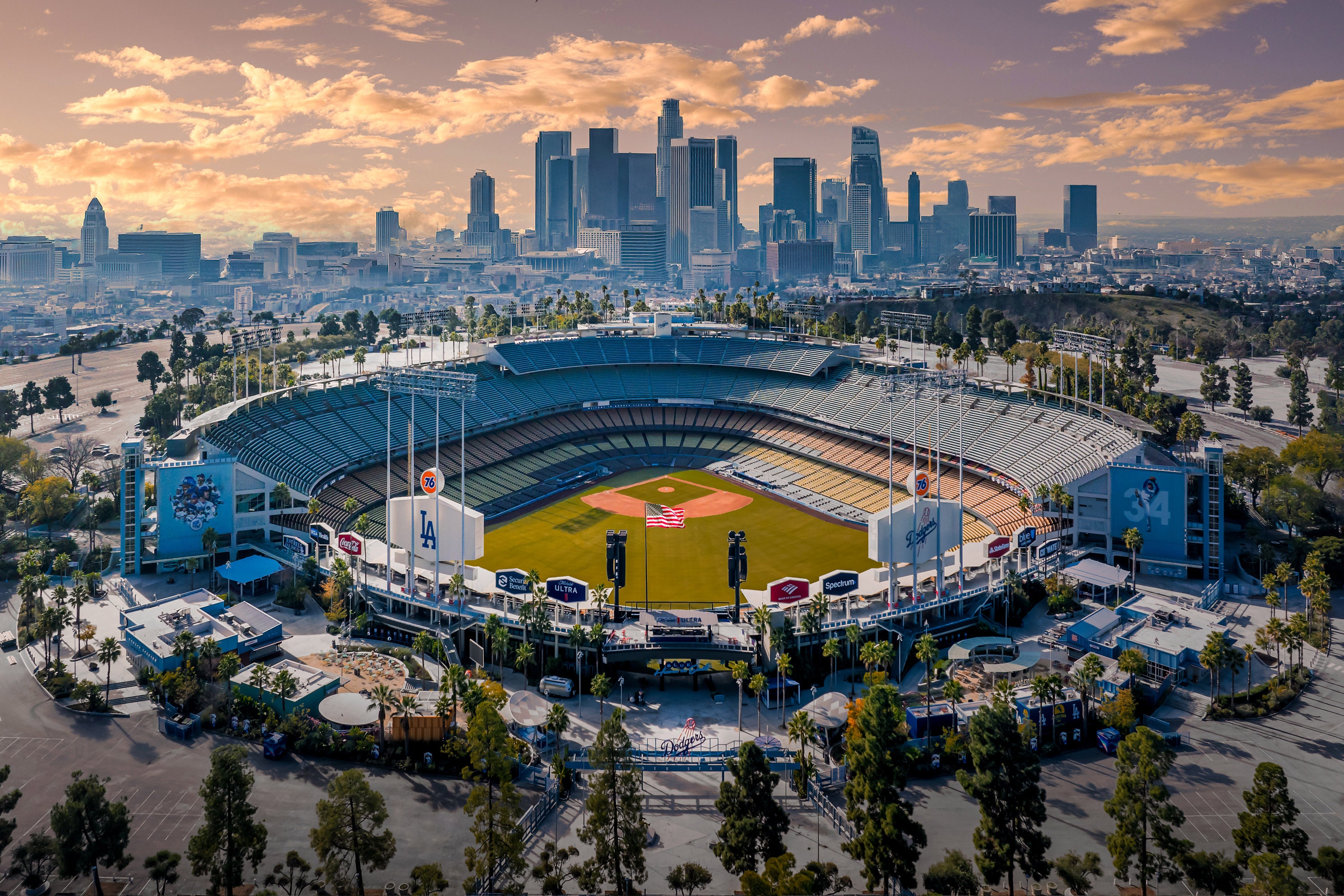 Los Angeles LA Dodgers Stadium With LA Skyline at Sunrise/sunset Print ...