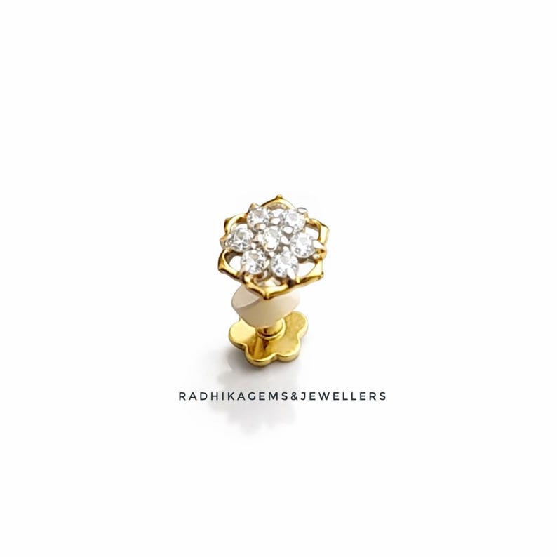 18K / 14K Solid Gold Diamond Nose Stud, Floral Nose Pin | Real Diamond ...