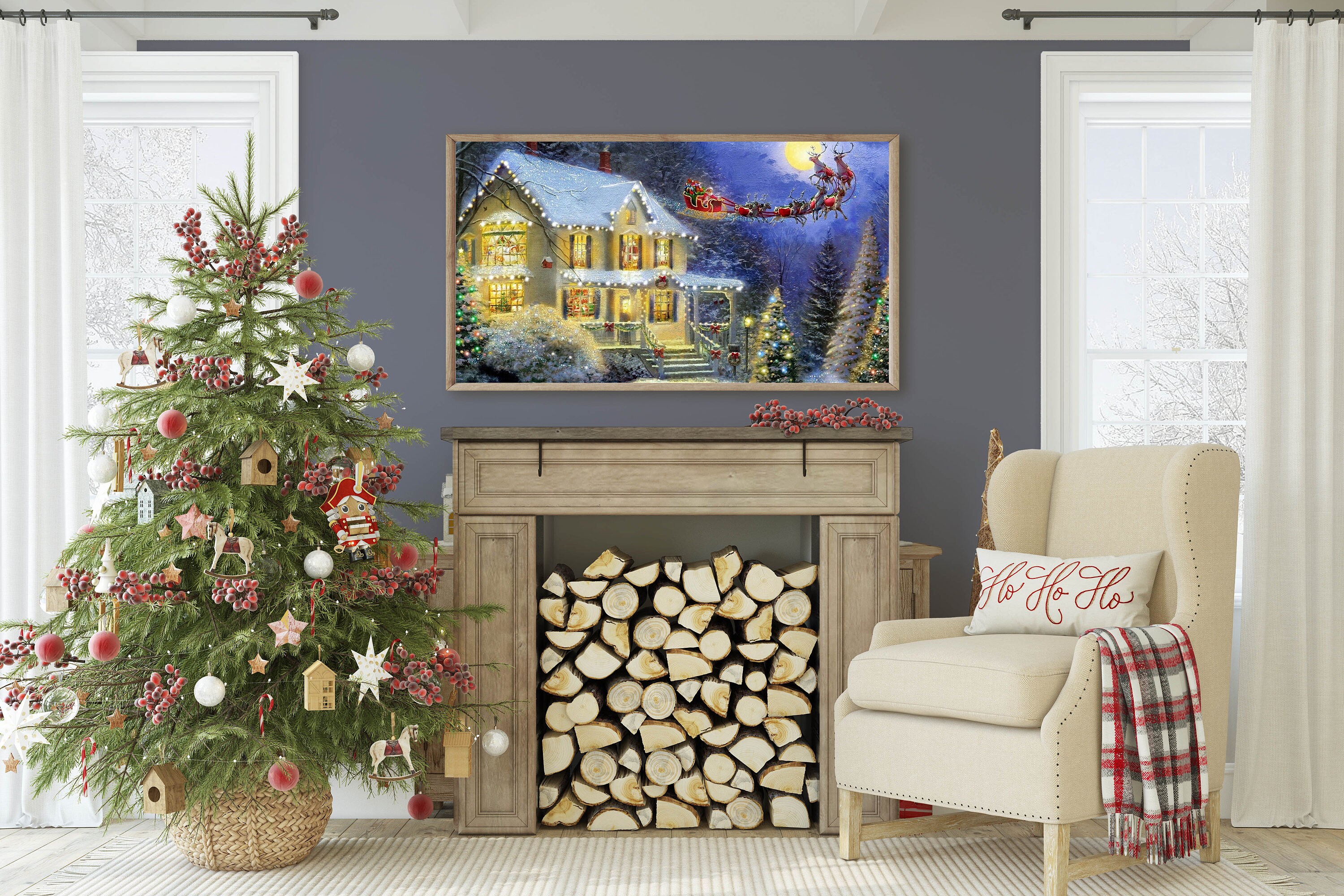 Samsung Frame TV Art Christmas Night Santa Reindeer Sleigh Vintage Art ...