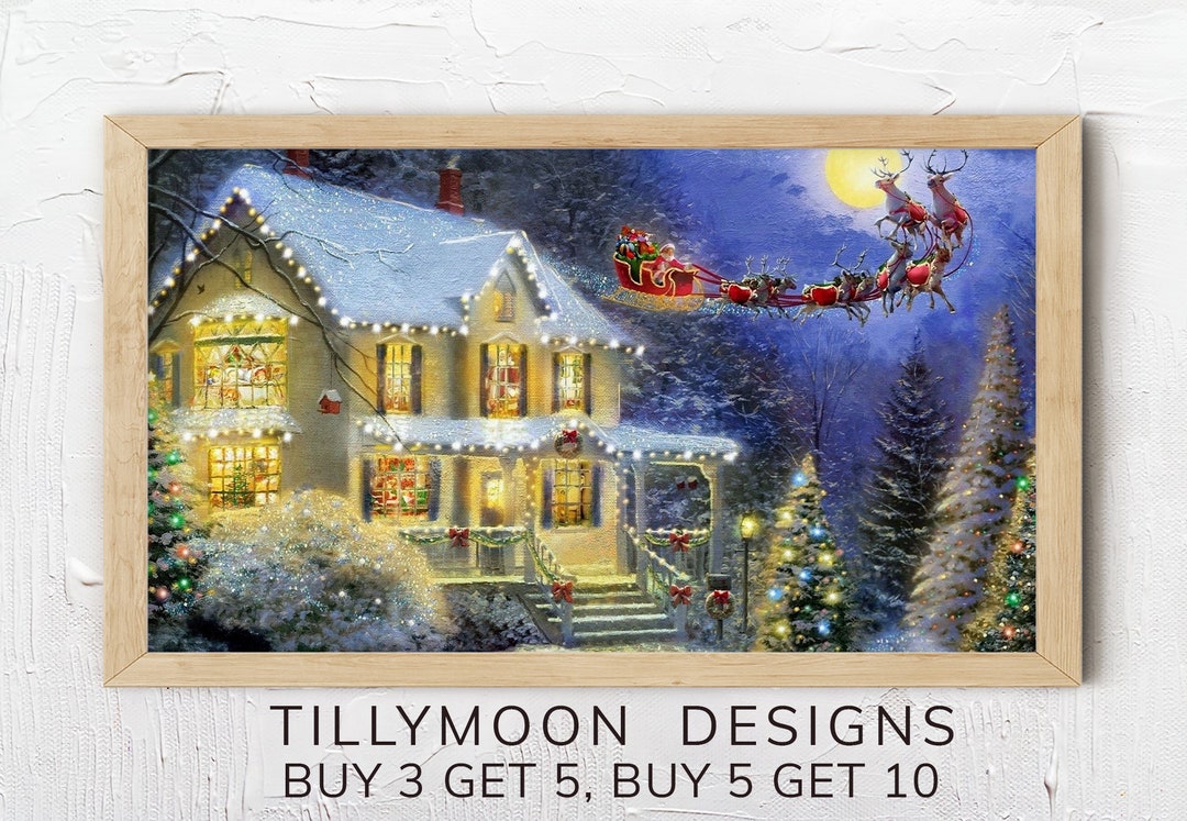 Samsung Frame TV Art Christmas Night Santa Reindeer Sleigh Vintage Art ...