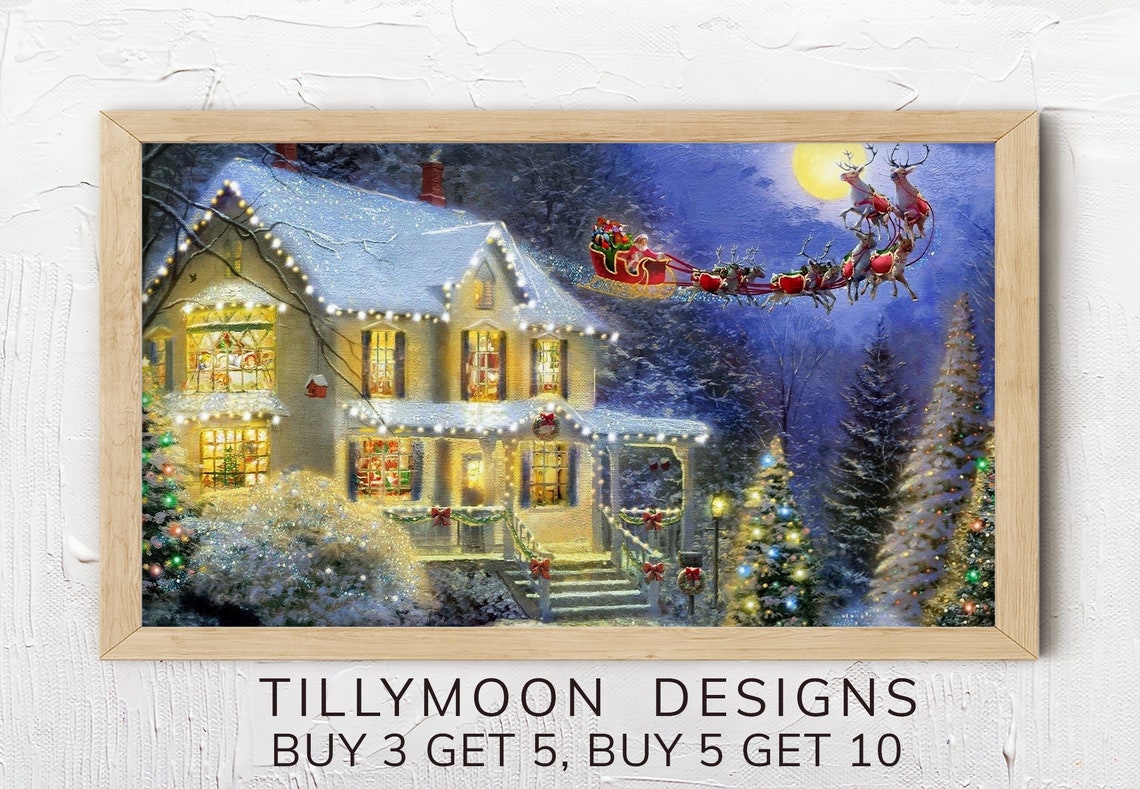 Samsung Frame TV Art Christmas Night Santa Reindeer Sleigh Vintage Art ...