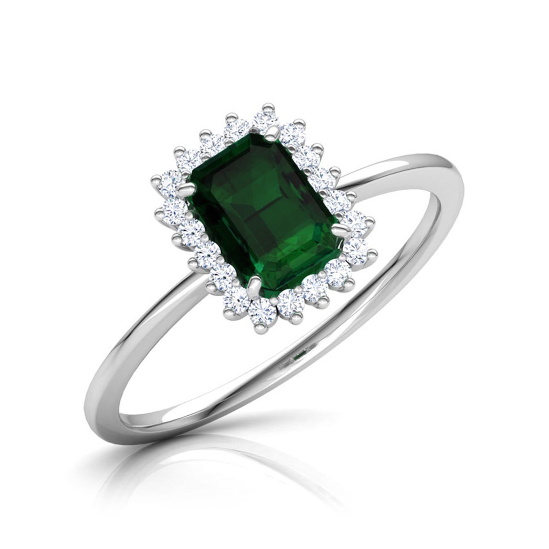 Custom Emerald Cut Ring: Synthetic Gemstone, Diamond Halo, Sterling ...