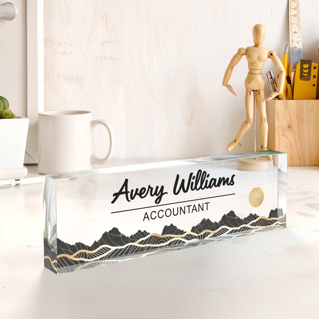 Custom Acrylic Desk Name Sign With Mountain Design, Personalized Office ...