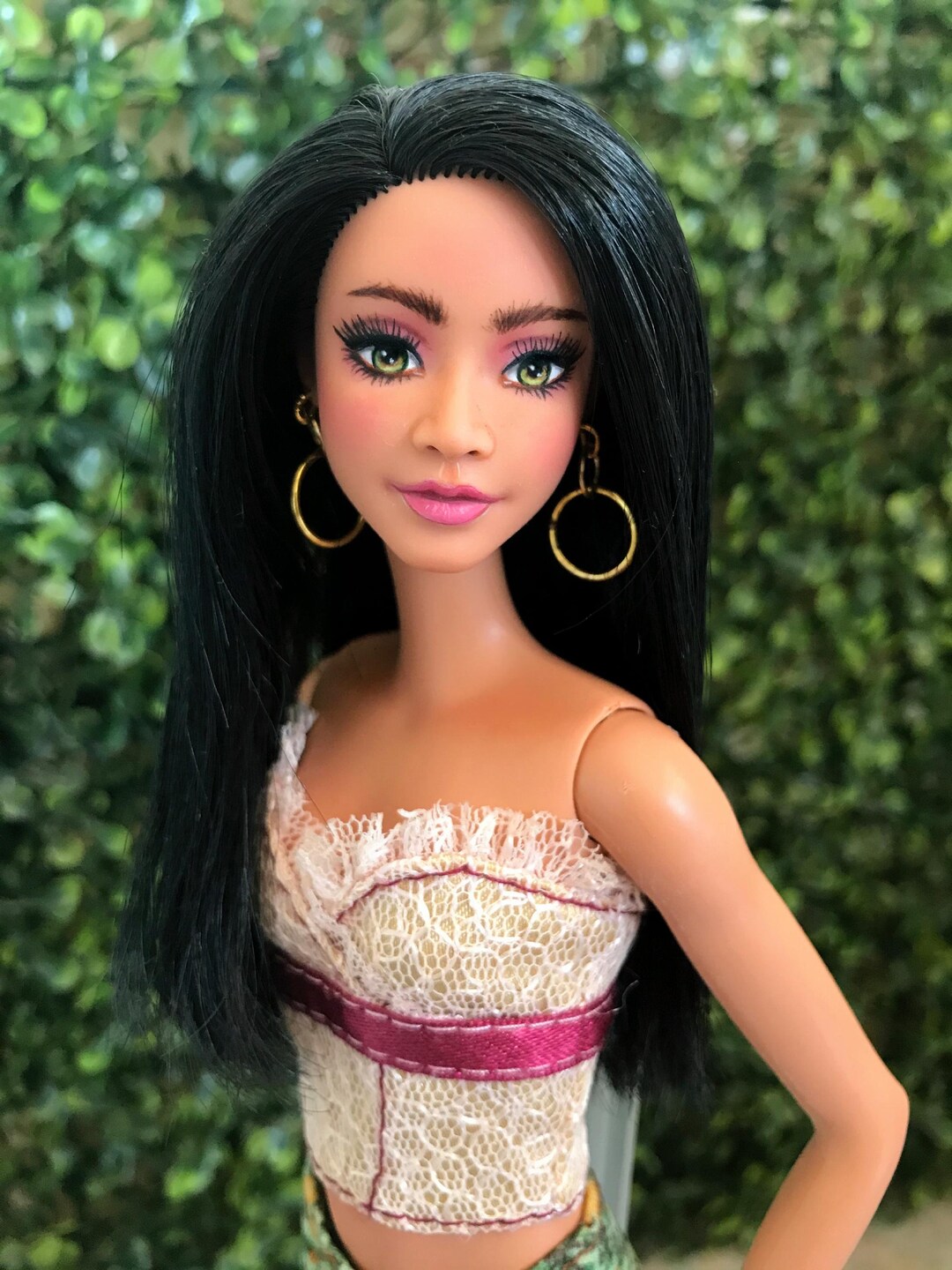 OOAK Custom Barbie Repaint Faceup Anna Raven Hair Green Eyes Layby ...