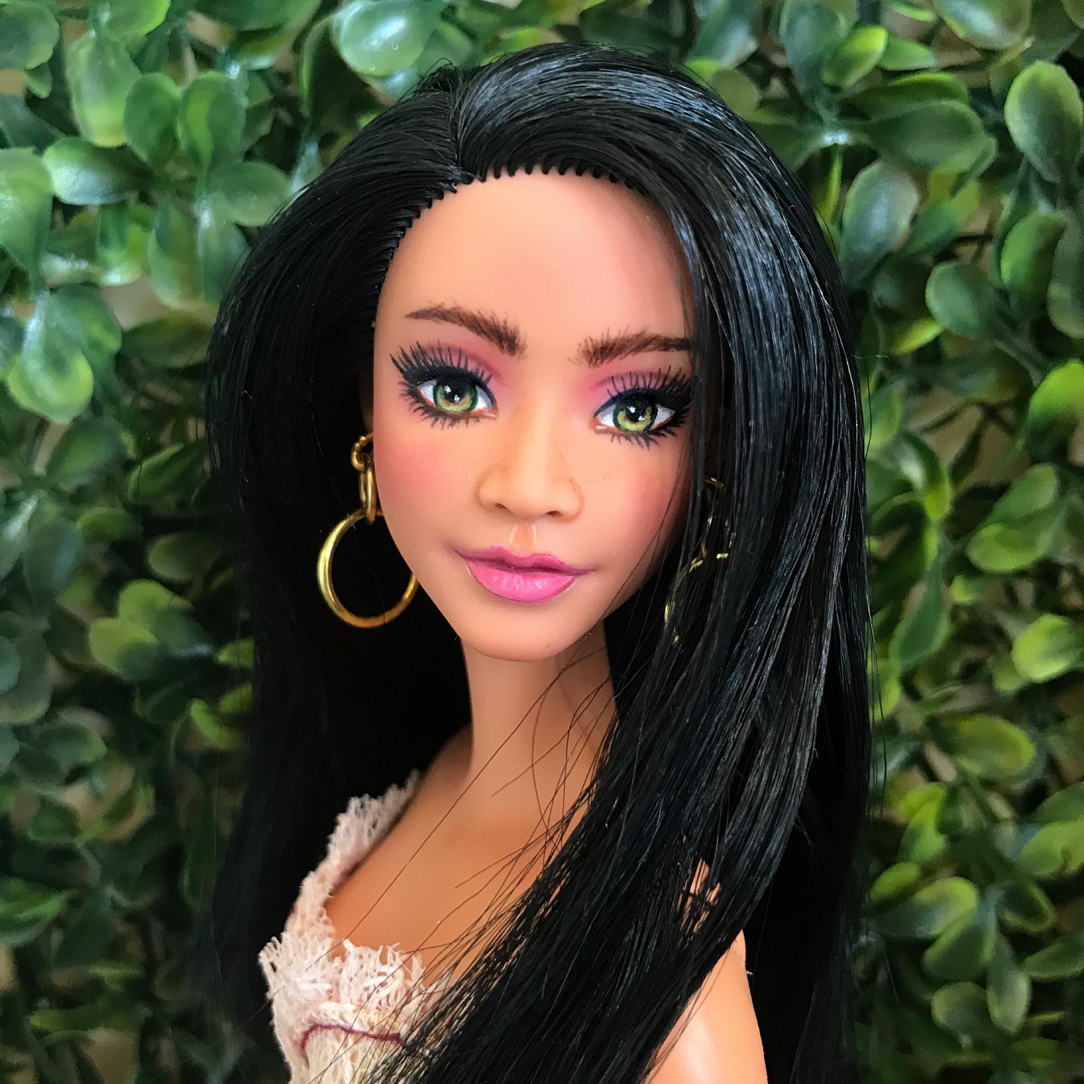 OOAK Custom Barbie Repaint Faceup | Anna | Raven Hair Green Eyes ...