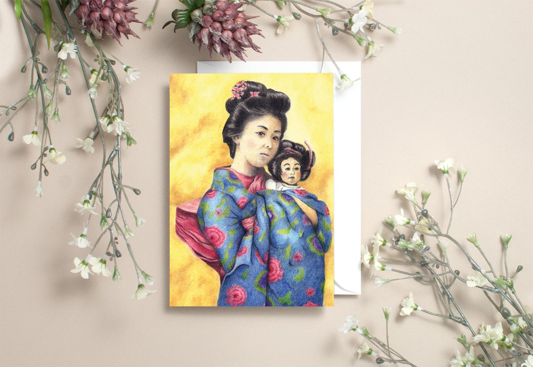 Lovely Oriental Girl Color Pencil Artist Greeting Card, Blank Inside ...