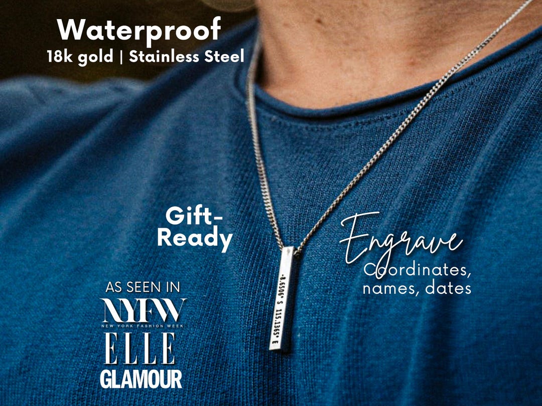 Mens Custom Coordinates Engraved Bar Necklace, Personalized Mens ...
