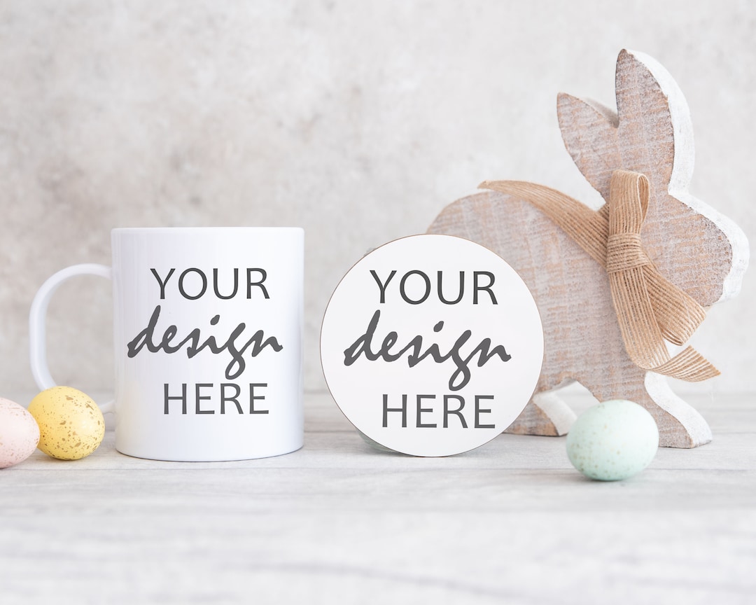 Easter Bunny Kids Mug Mockup Child's Polymer Cup and Coaster Mock up ...