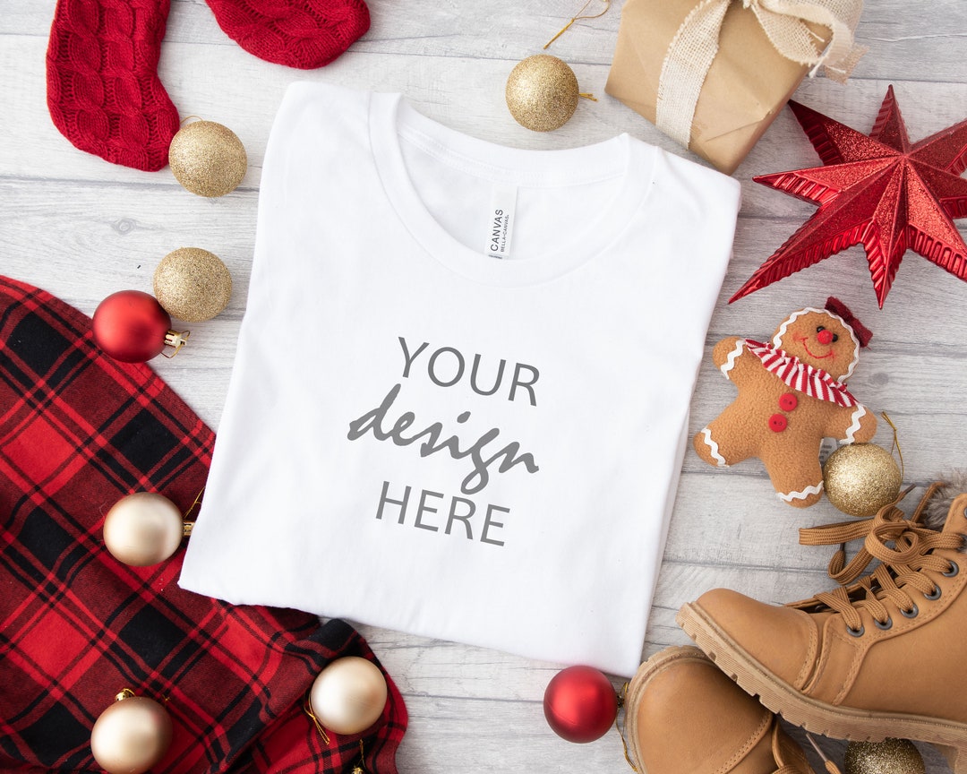 Christmas Bella Canvas Shirt Mockups Festive White T-shirt Mock up ...