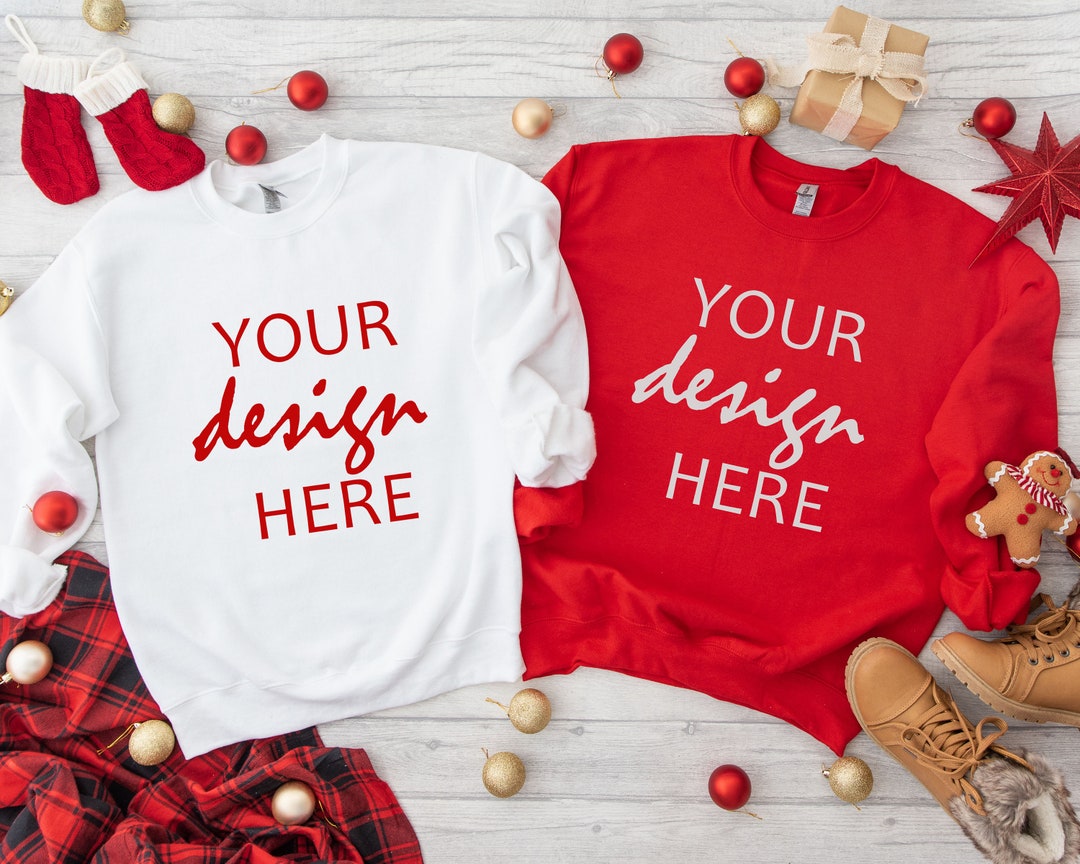 Couples White Red Sweater Mockup Gildan 18000 Mockup Christmas ...