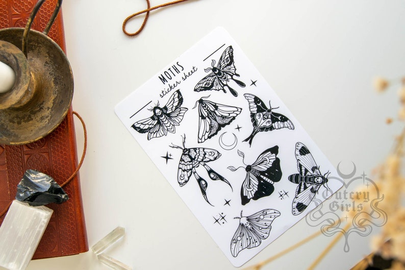 Moth Sticker Sheet // Waterproof Sticker Sheet, Spooky Stickers, Bullet ...