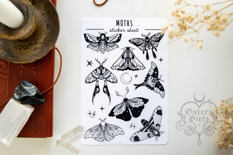 Moth Sticker Sheet // Waterproof Sticker Sheet, Spooky Stickers, Bullet ...