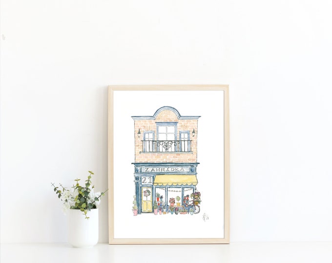 European Storefront, Czech Flower Shop Drawing, Watercolor Print ...