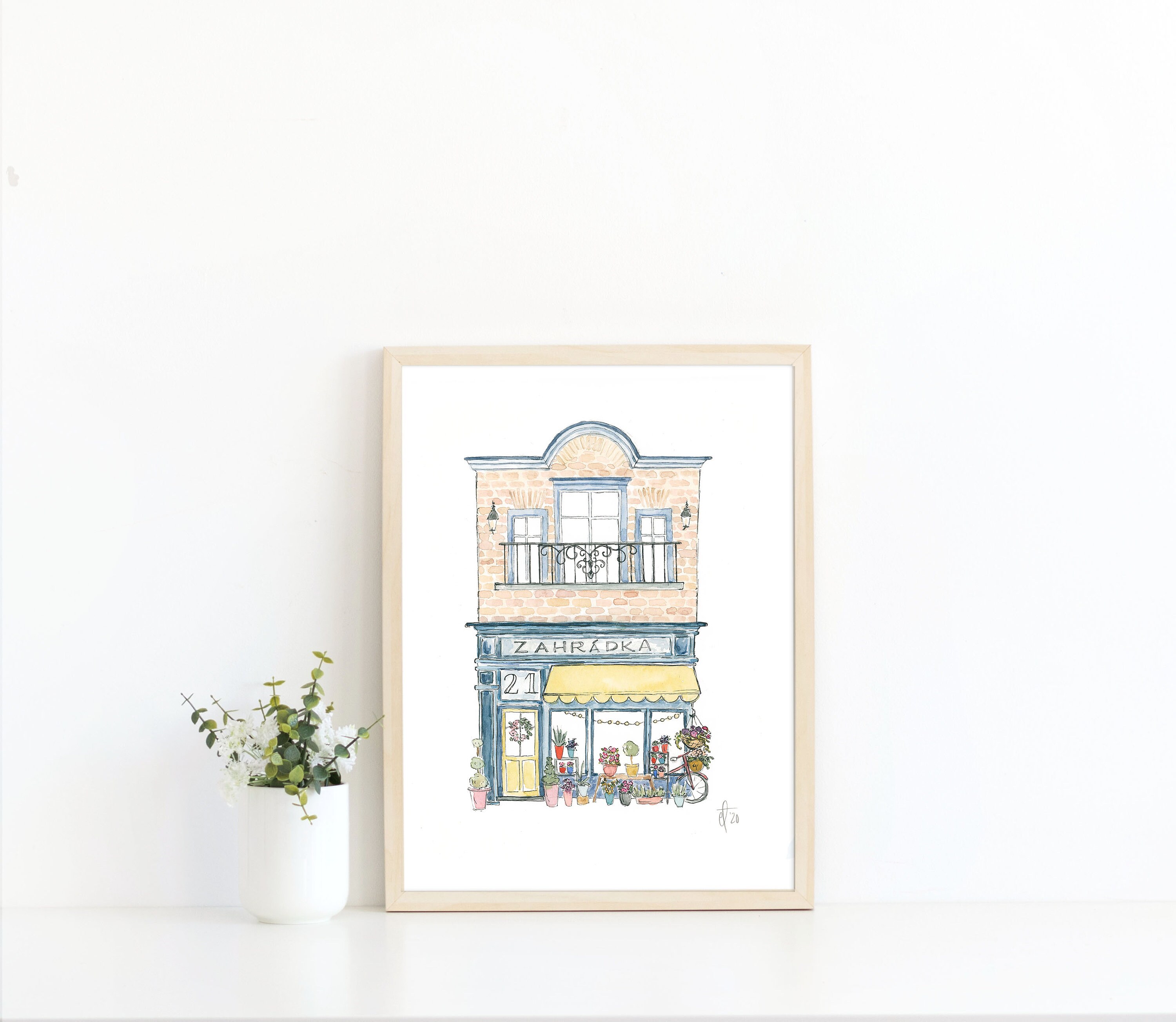 European Storefront, Czech Flower Shop Drawing, Watercolor Print ...