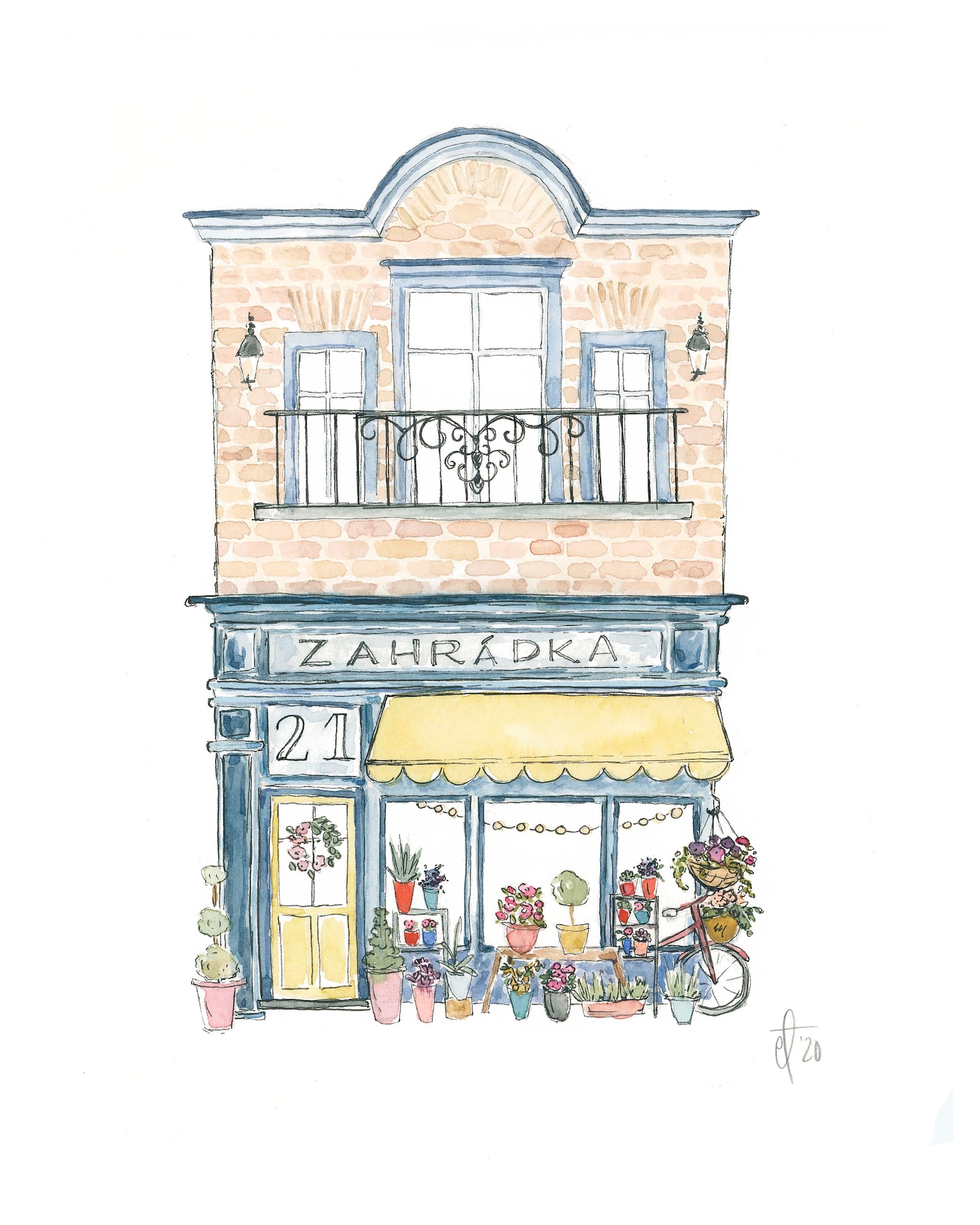 European Storefront, Czech Flower Shop Drawing, Watercolor Print ...