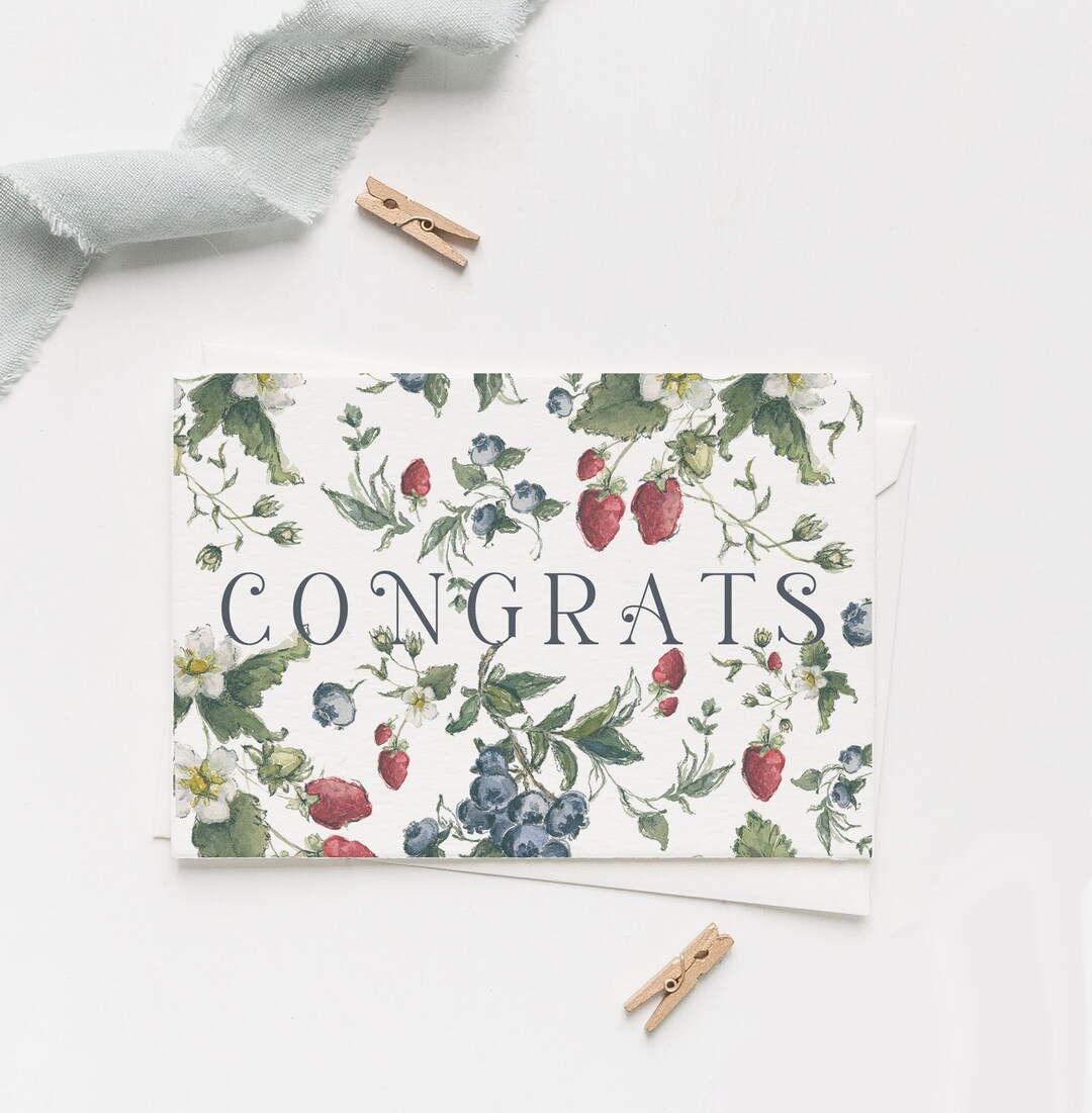 Congrats Card, Watercolor Summer Berries, Hand Painted Card, Pretty ...