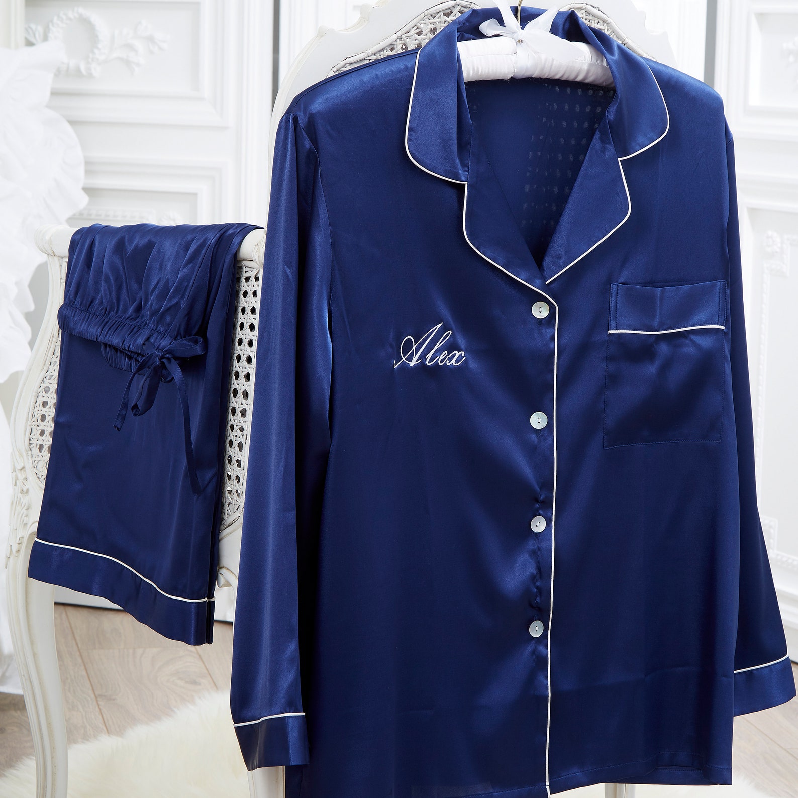 Personalised Navy Satin Pyjamas - Etsy