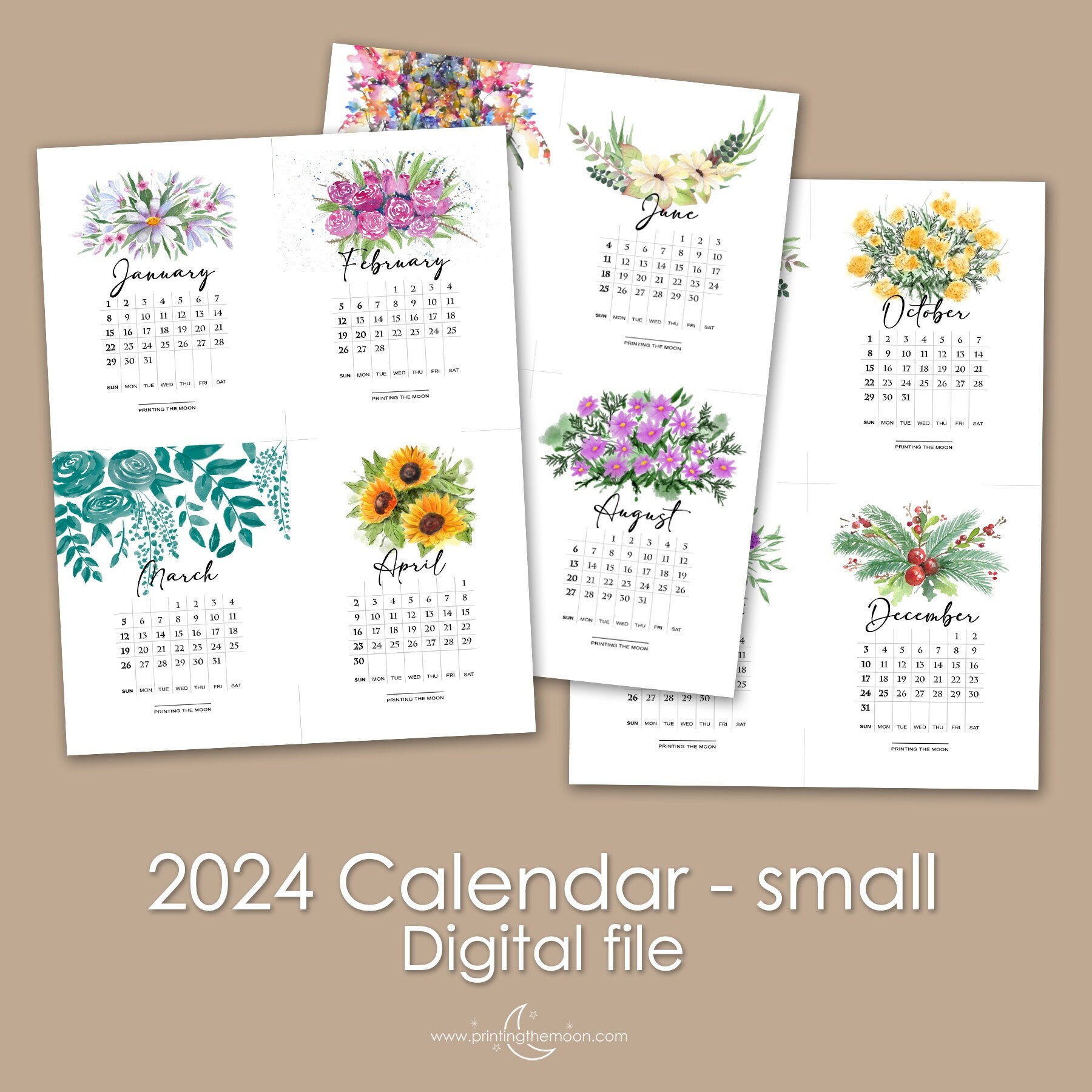 2024 Table Calendar Printable, MINI CALENDAR FLOWERS, Small Watercolor ...