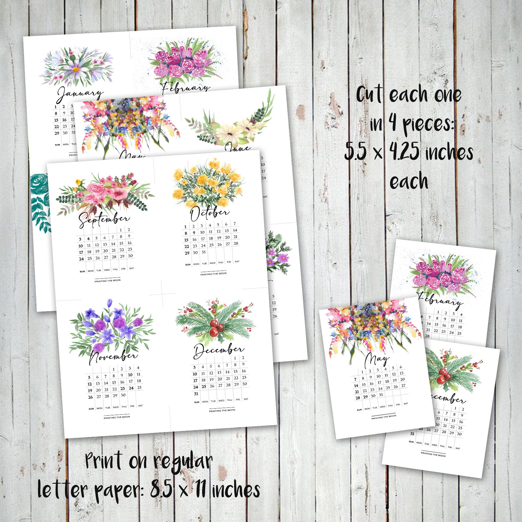 2024 Table Calendar Printable, MINI CALENDAR FLOWERS, Small Watercolor ...