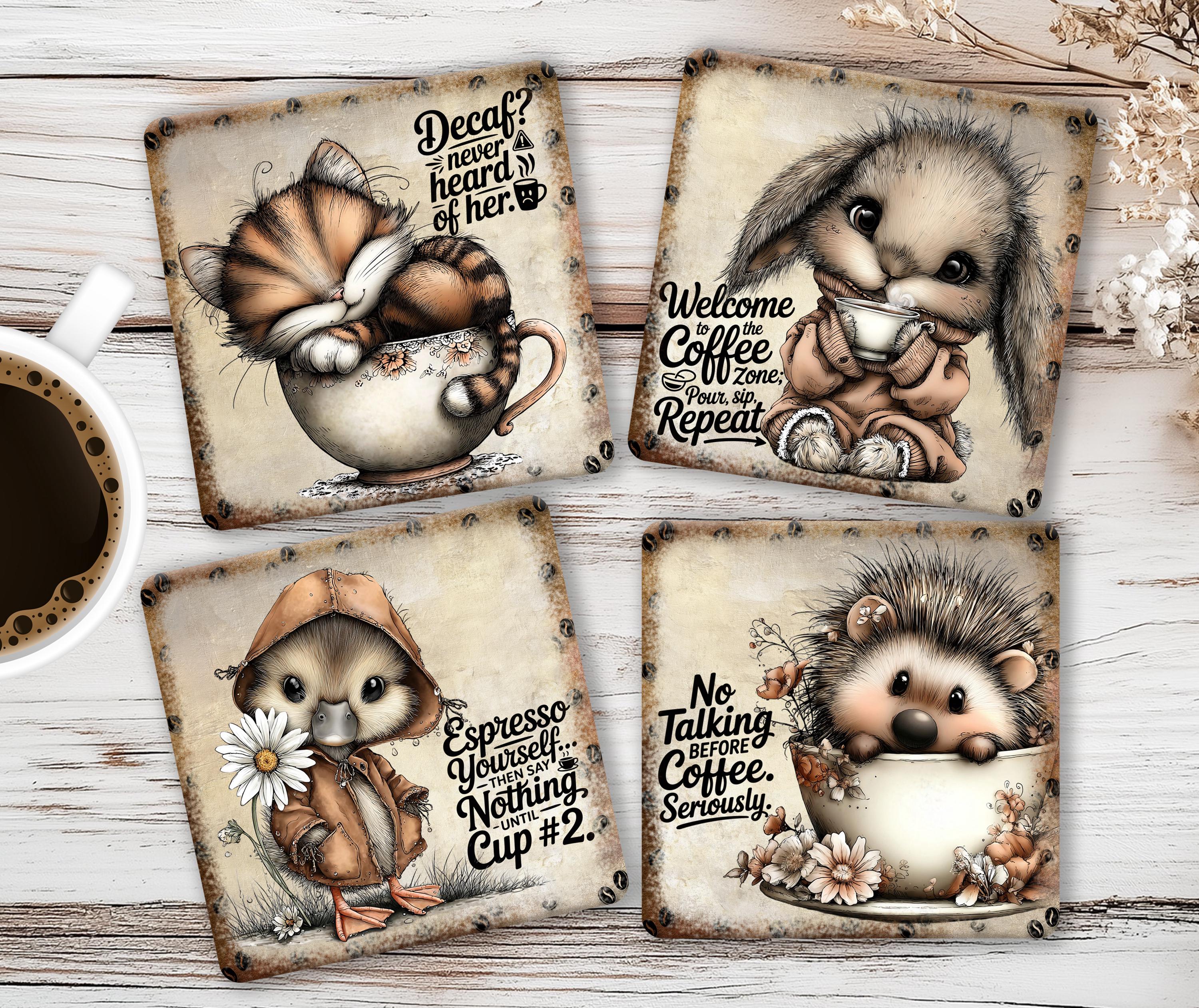 Funny Coffee Quote Square Coaster Sublimation Design, Whimsical Animals ...