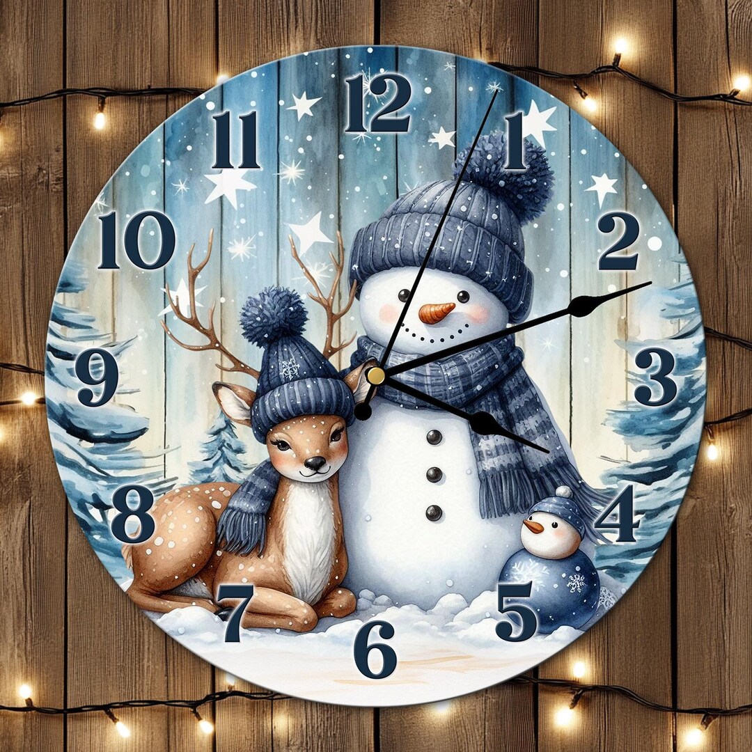 Blue Snowman With Deer Clock Sublimation Design, Whimsical Christmas ...