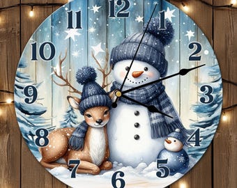 Blue Snowman With Deer Clock Sublimation Design, Whimsical Christmas ...