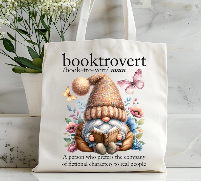 Reading Gnome Tote Bag Sublimation Design, Funny Booktrovert Definition ...