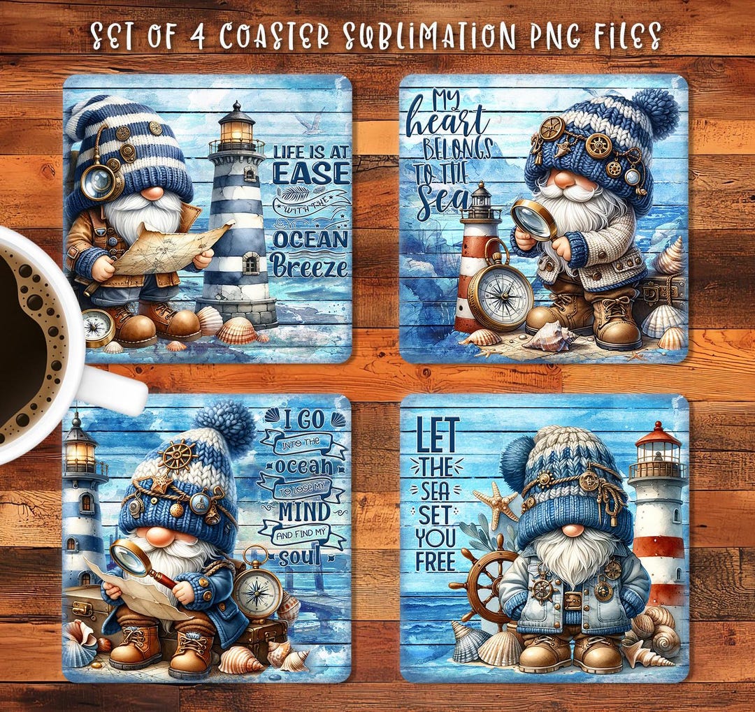 Lighthouse Gnome Square Coaster Sublimation Design, Sea Life Quotes ...