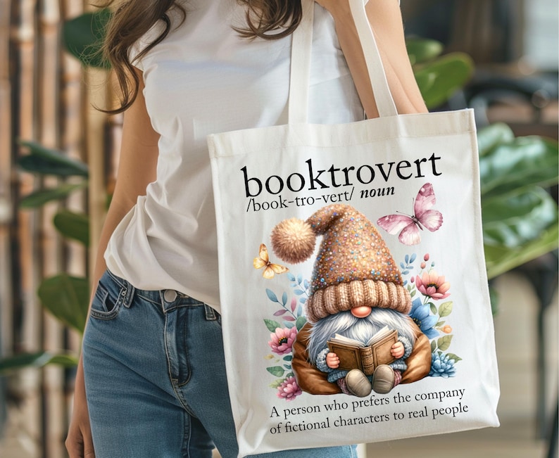 Reading Gnome Tote Bag Sublimation Design, Funny Booktrovert Definition ...
