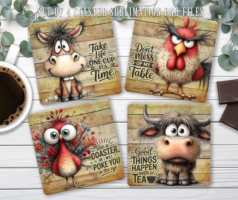 Humorous Coaster Sublimation PNG, Quirky Farm Animals Print File ...