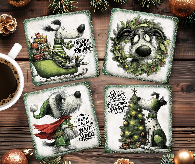 Whimsical Dog Square Coaster Sublimation Design, Funny Christmas ...