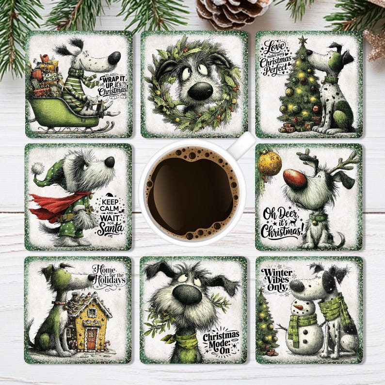 Whimsical Dog Square Coaster Sublimation Design, Funny Christmas ...