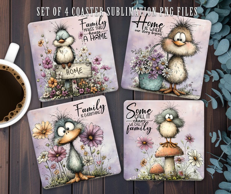 Family & Home Inspirational Coaster Sublimation PNG, Whimsical Bird ...