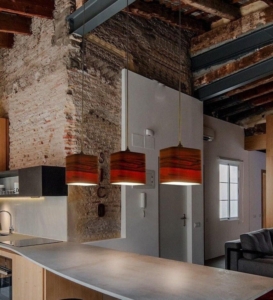 Pendant Light Fixture With Three Lampshades Made of Tineo Wood Veneer ...