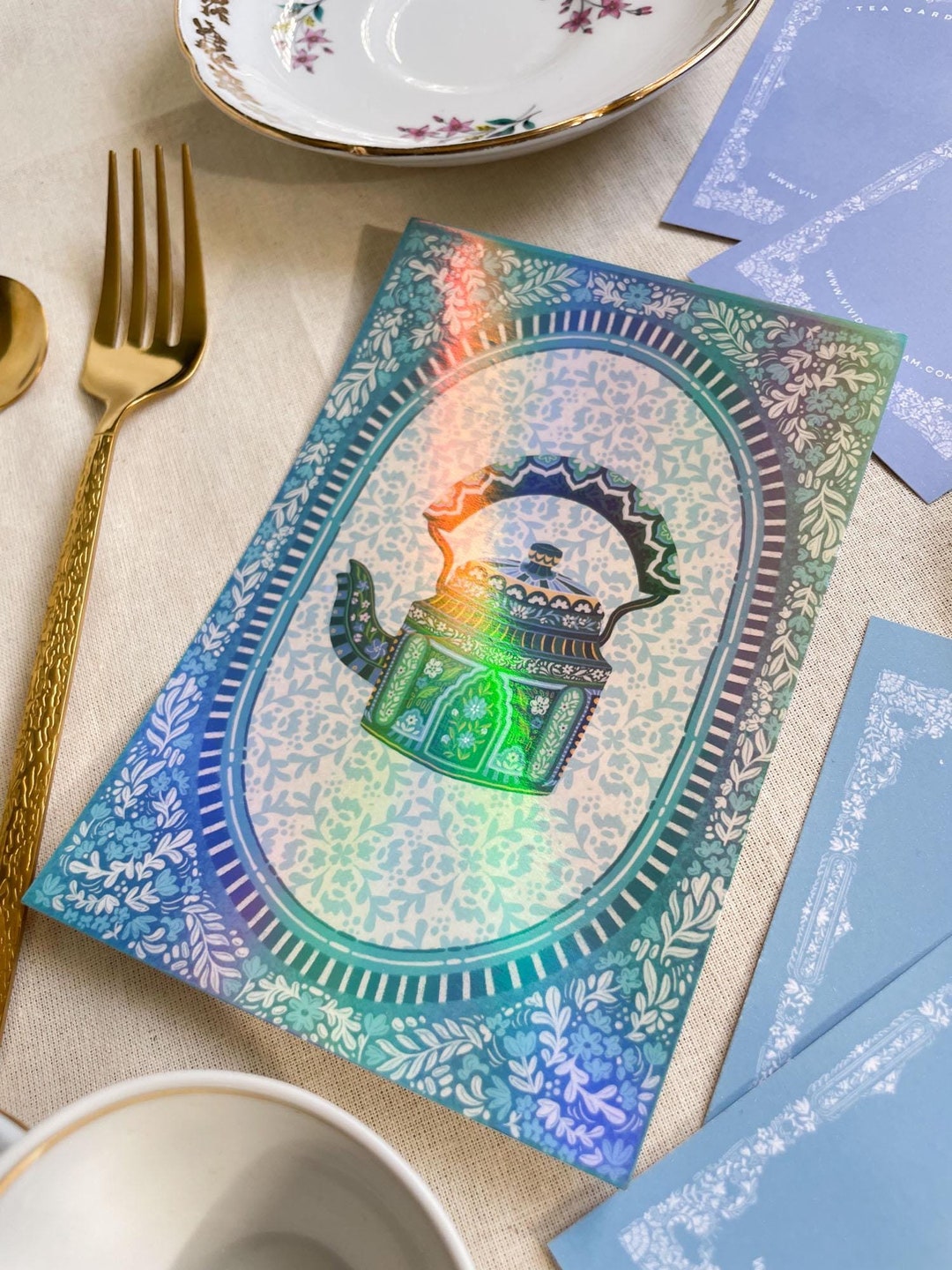 Bengal Brew (blue) | Holographic Postcard | Tea Gardens Collection - Etsy