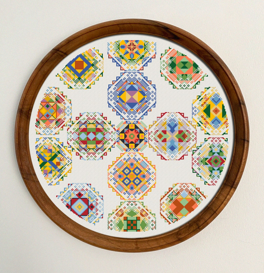 Multicolored Round Sampler Cross Stitch Pattern, X Stitch Chart, Tiles ...