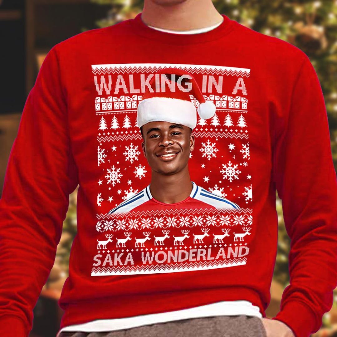 Bukayo Saka Walking in A Saka Wonderland Arsenal Red Christmas Jumper | Kids & Adults Sizes ...