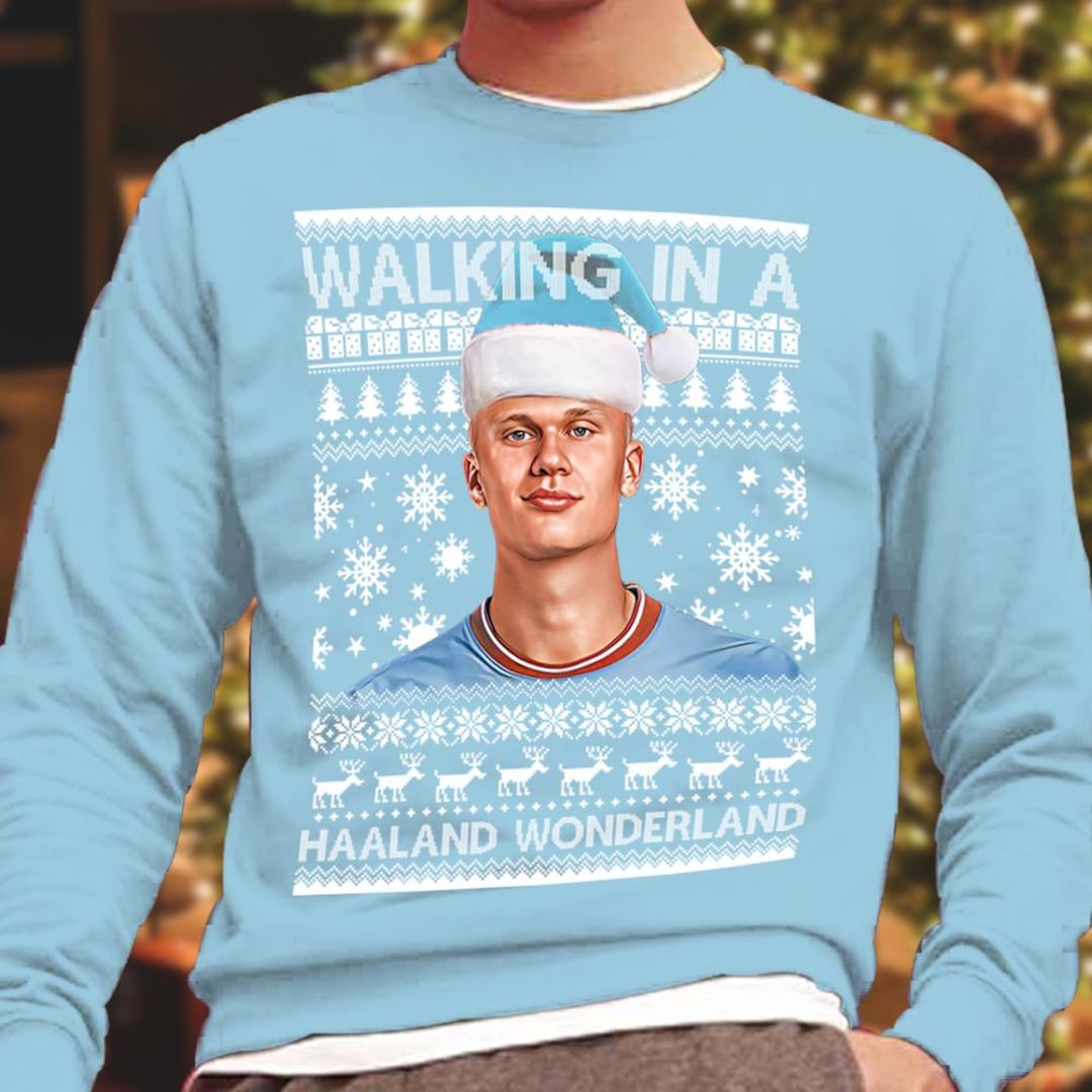 Erling Haaland Walking in a Haaland Wonderland City Christmas Jumper ...